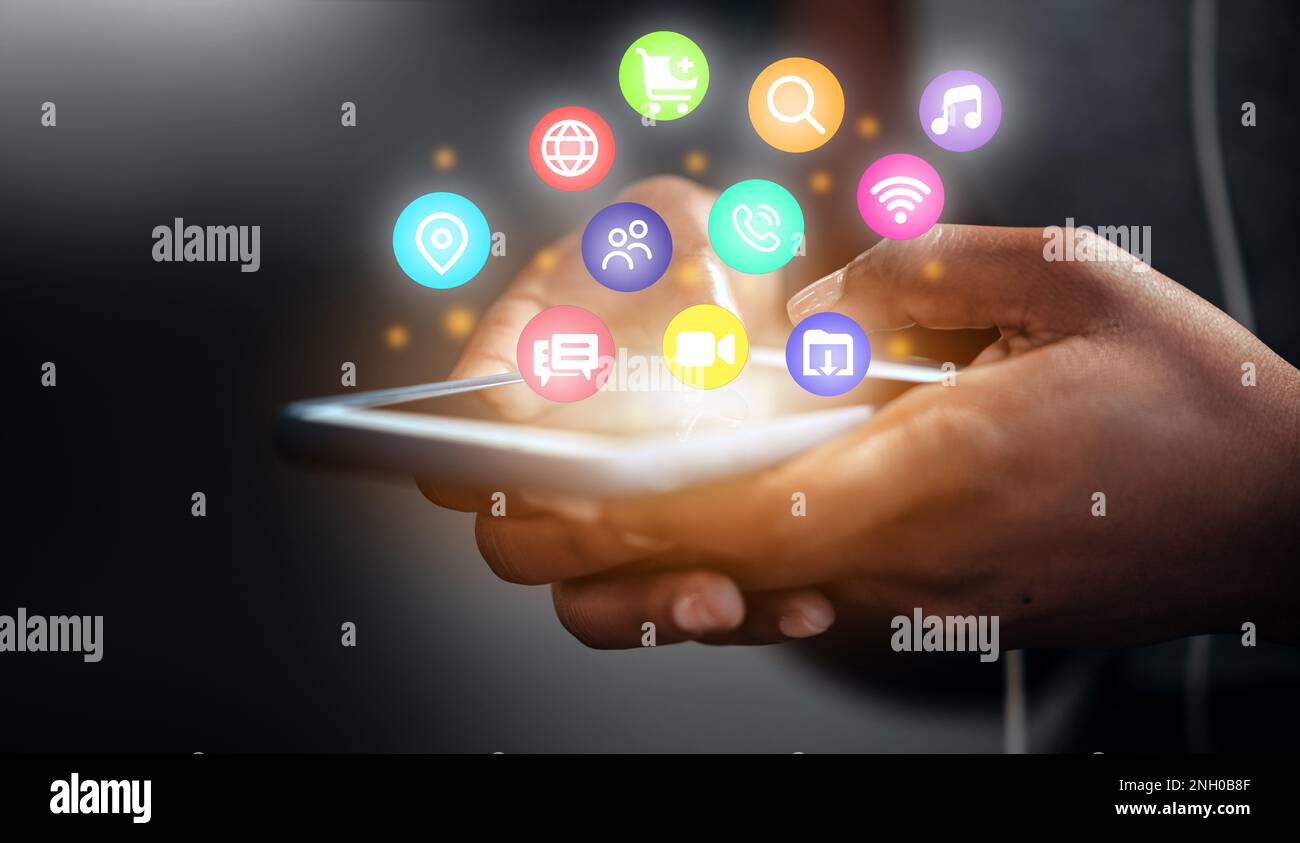 Smartphone in person hands, app icons and technology, cloud computing ...
