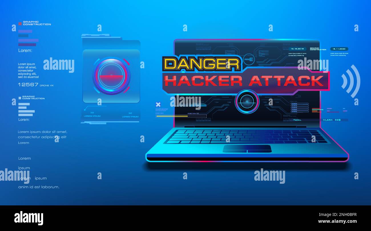 Attention! Attack. Danger for your computer. Laptop with hacking danger ...