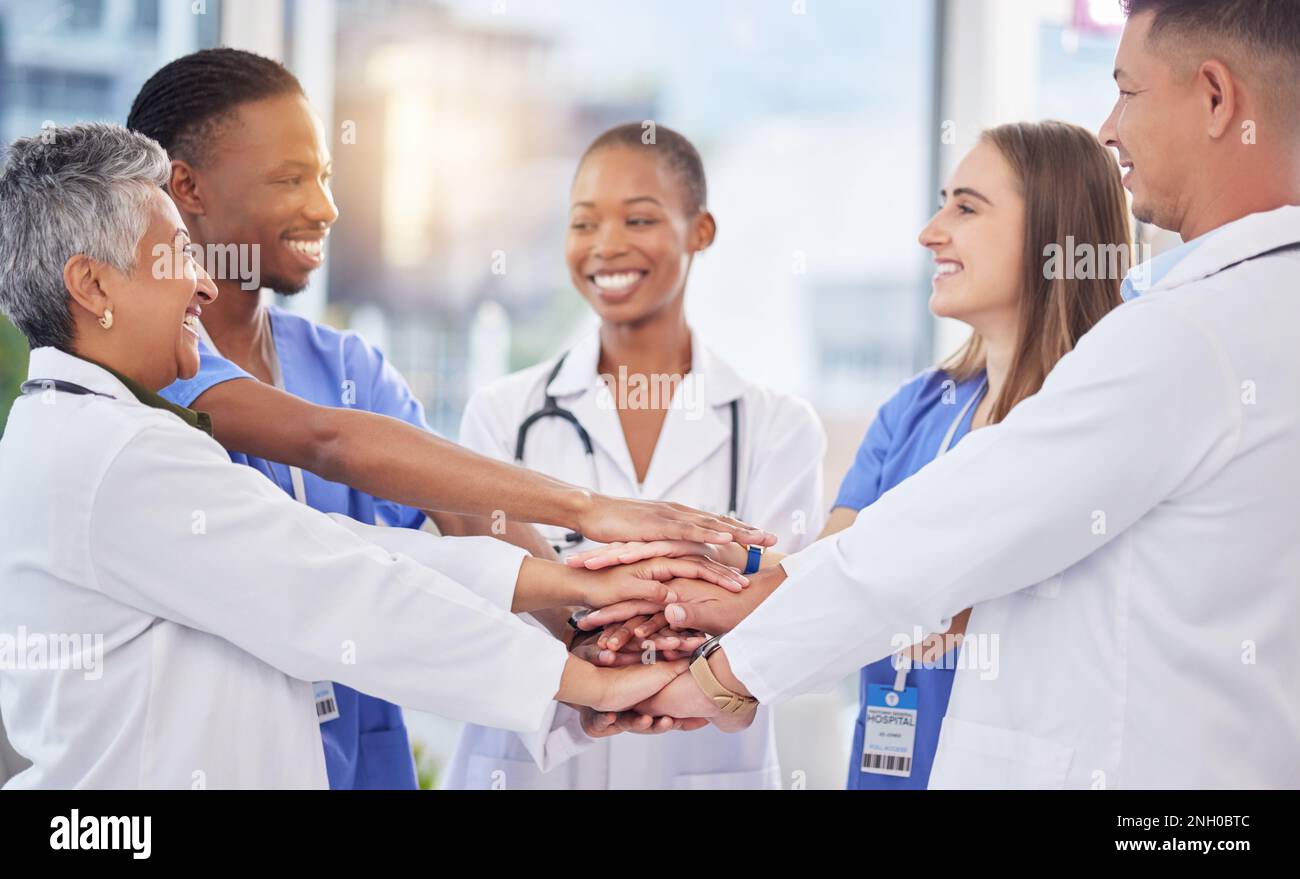 Healthcare, happy teamwork and hands of doctors for mission of medicine ...