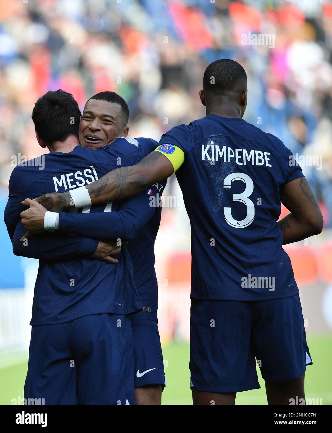 Lionel Messi celebrates with teammate Kylian Mbappe during the French ...