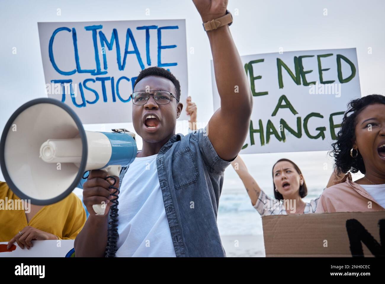 Climate change poster, protest and black man with megaphone for freedom ...