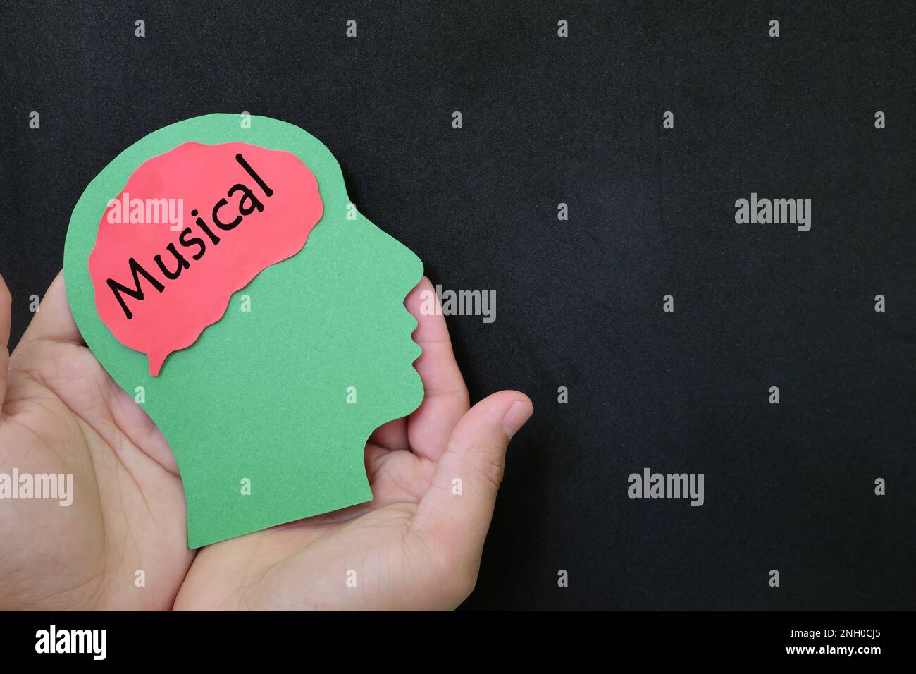 Musical intelligence in psychology concept. Hand holding human head ...