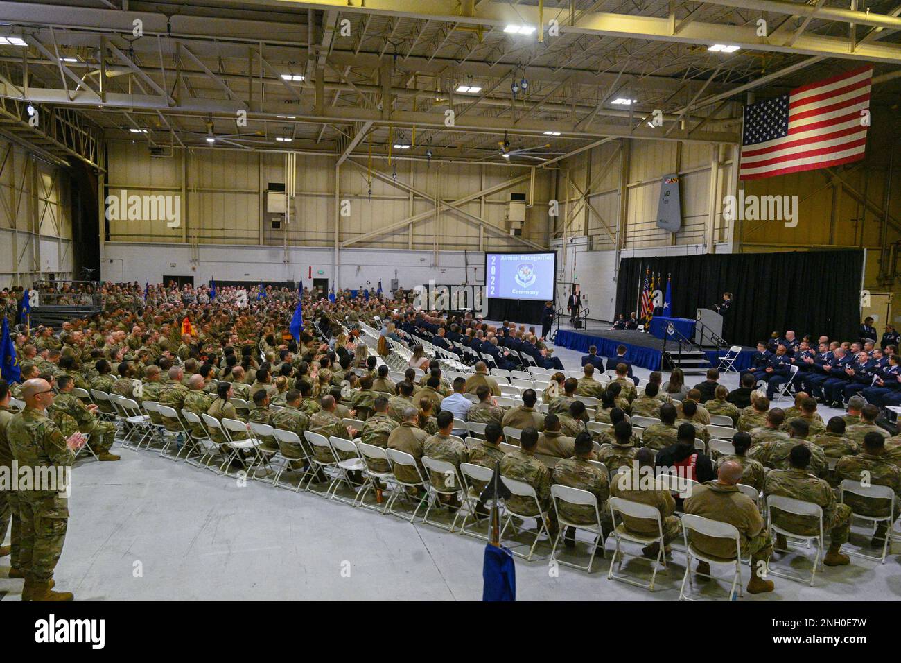 Members from the 175th Wing, Maryland Air National Guard gather in a ...