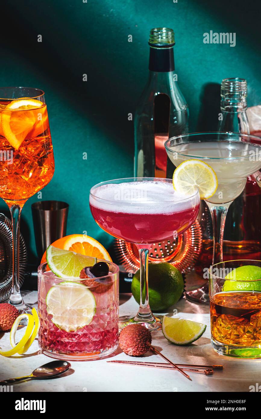 Alcoholic cocktails drinks set, strong alcohol bottles, liquor and ...