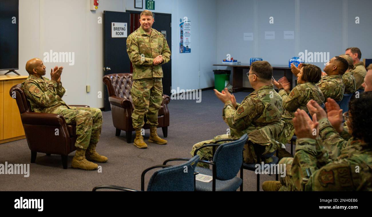 U.S. Air Force Maj. Andrew Geer, commander of the 446th Security Forces Squadron, addresses ...