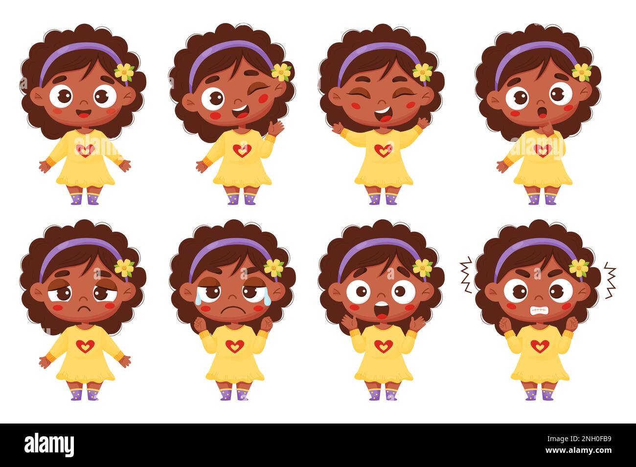 kids collection of emotions. Cute dark-skinned girl with different ...