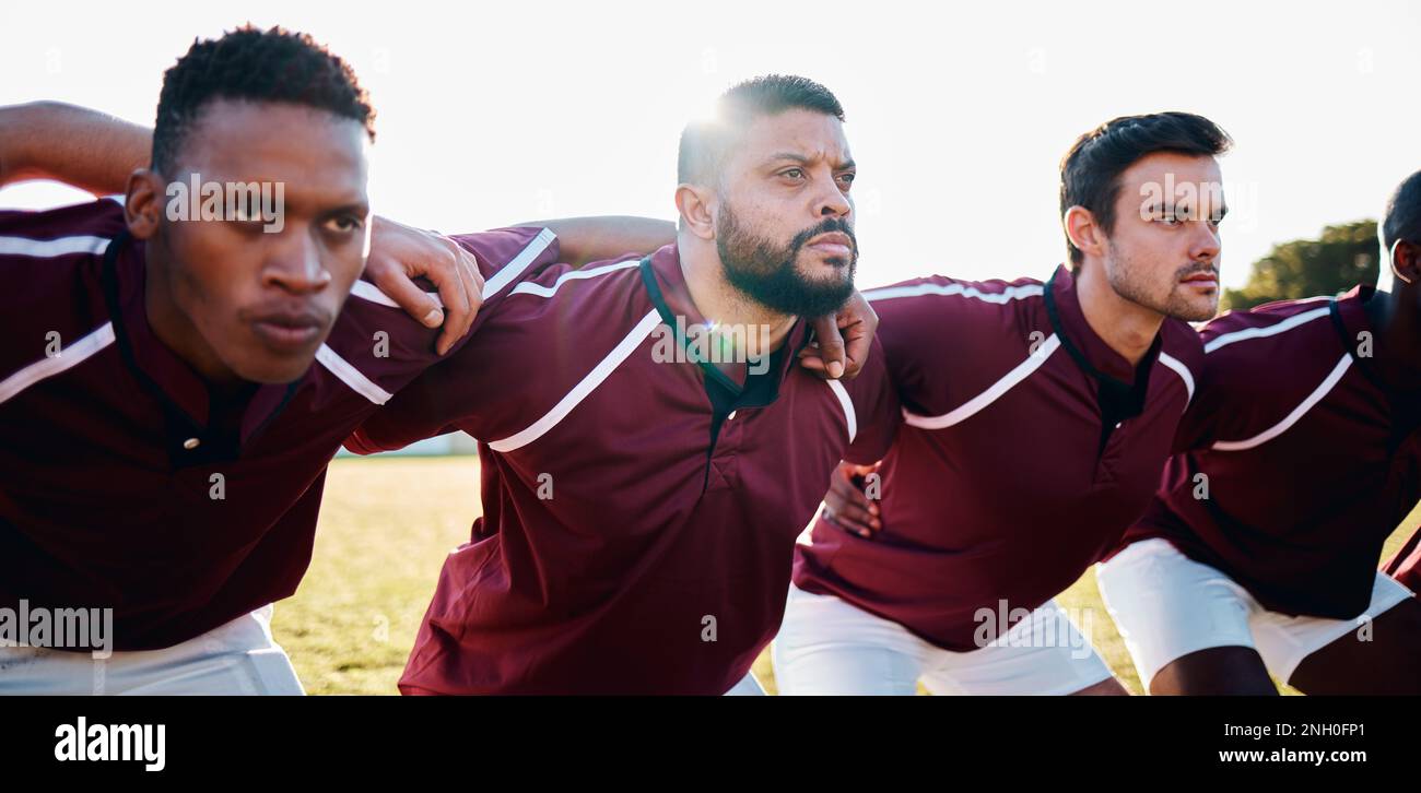 Man, huddle and team in scrum for sports collaboration coordination or ...