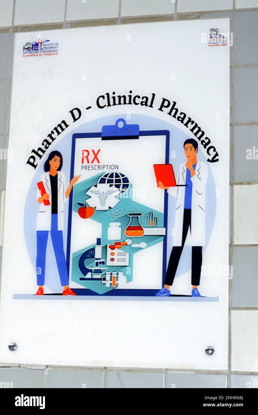 Cairo, Egypt, February 11 2023: Pharm D clinical pharmacy program sign of faculty of pharmacy ...
