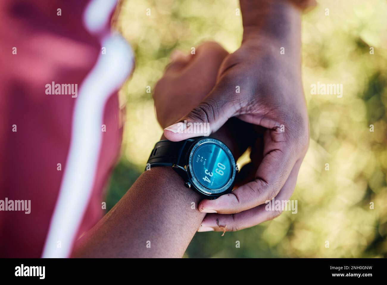 Hands, smartwatch and fitness, heart rate check and sports, black man ...