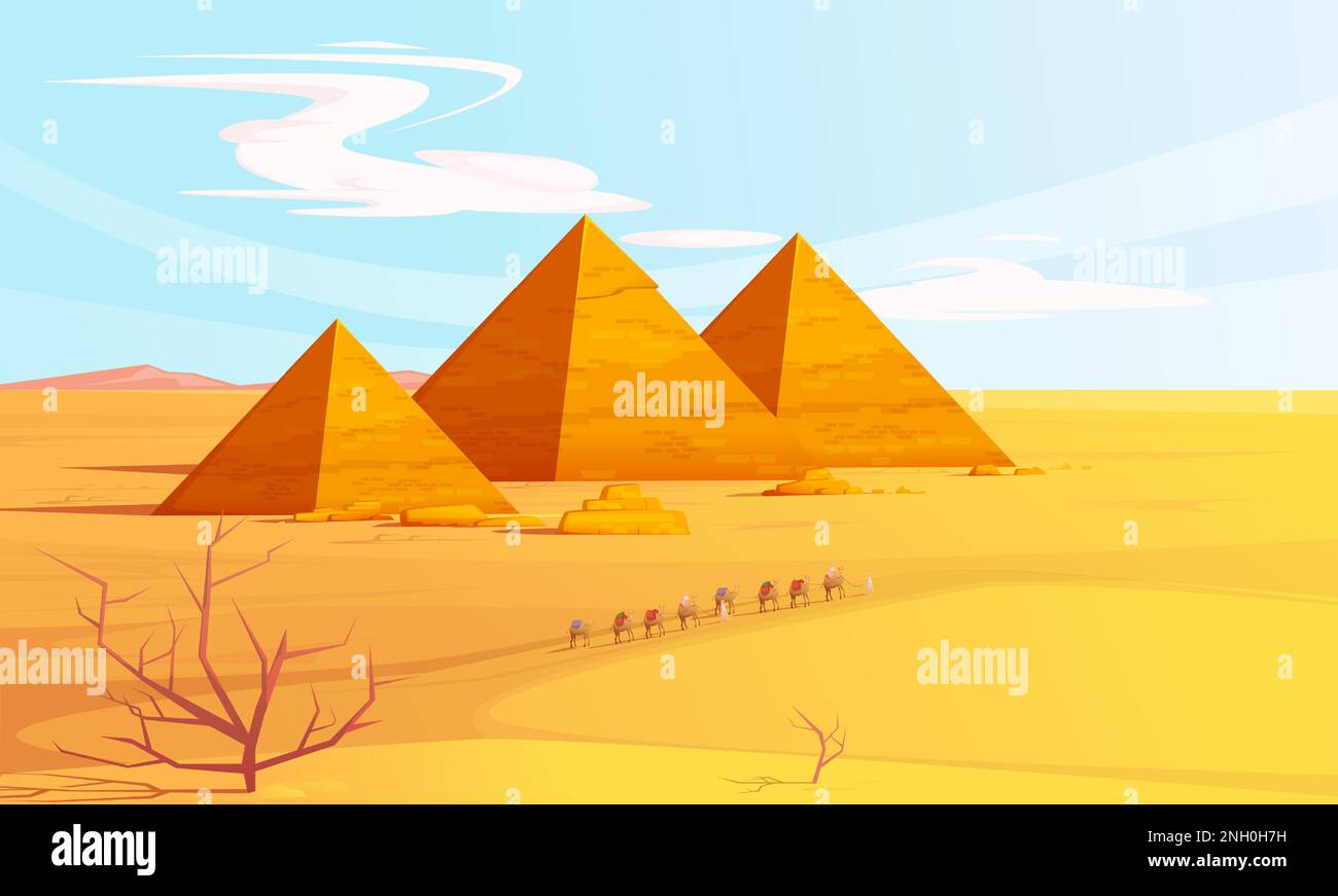 Desert landscape with egyptian pyramids and camels caravan, cartoon ...