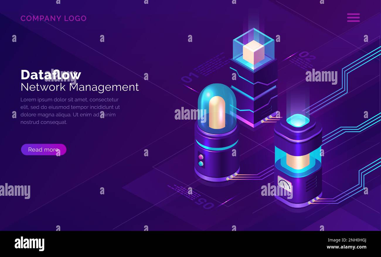 Data flow, network manager isometric technology concept vector. 3d futuristic servers ...