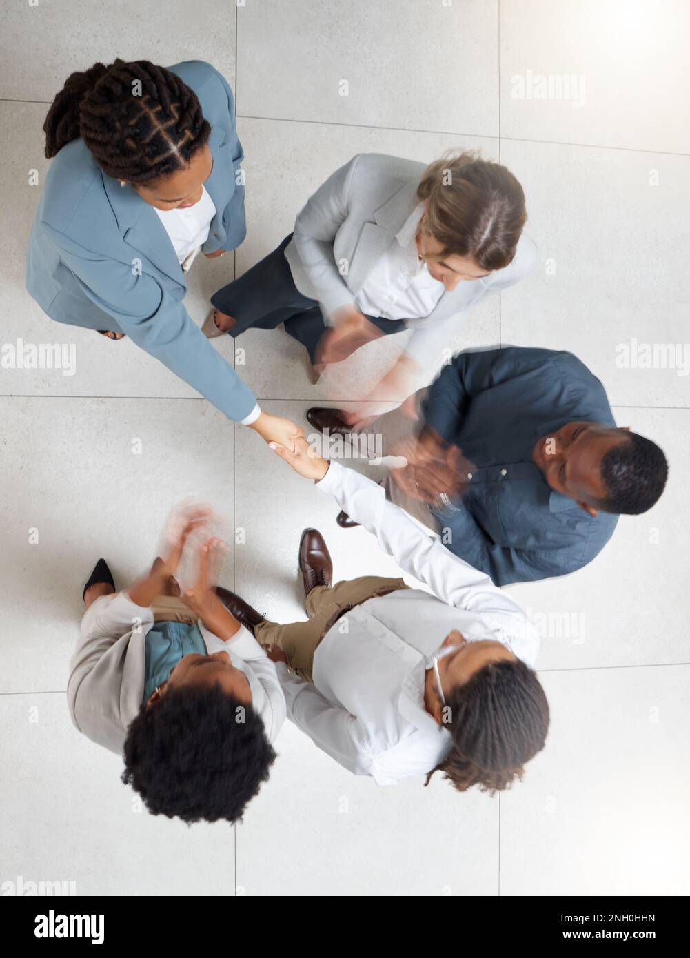 Handshake, team applause and business people in office with thank you ...