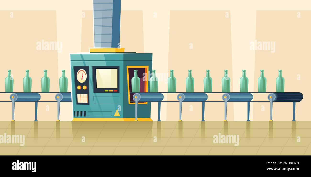 Glass bottles on conveyor belt, cartoon vector illustration. Factory ...