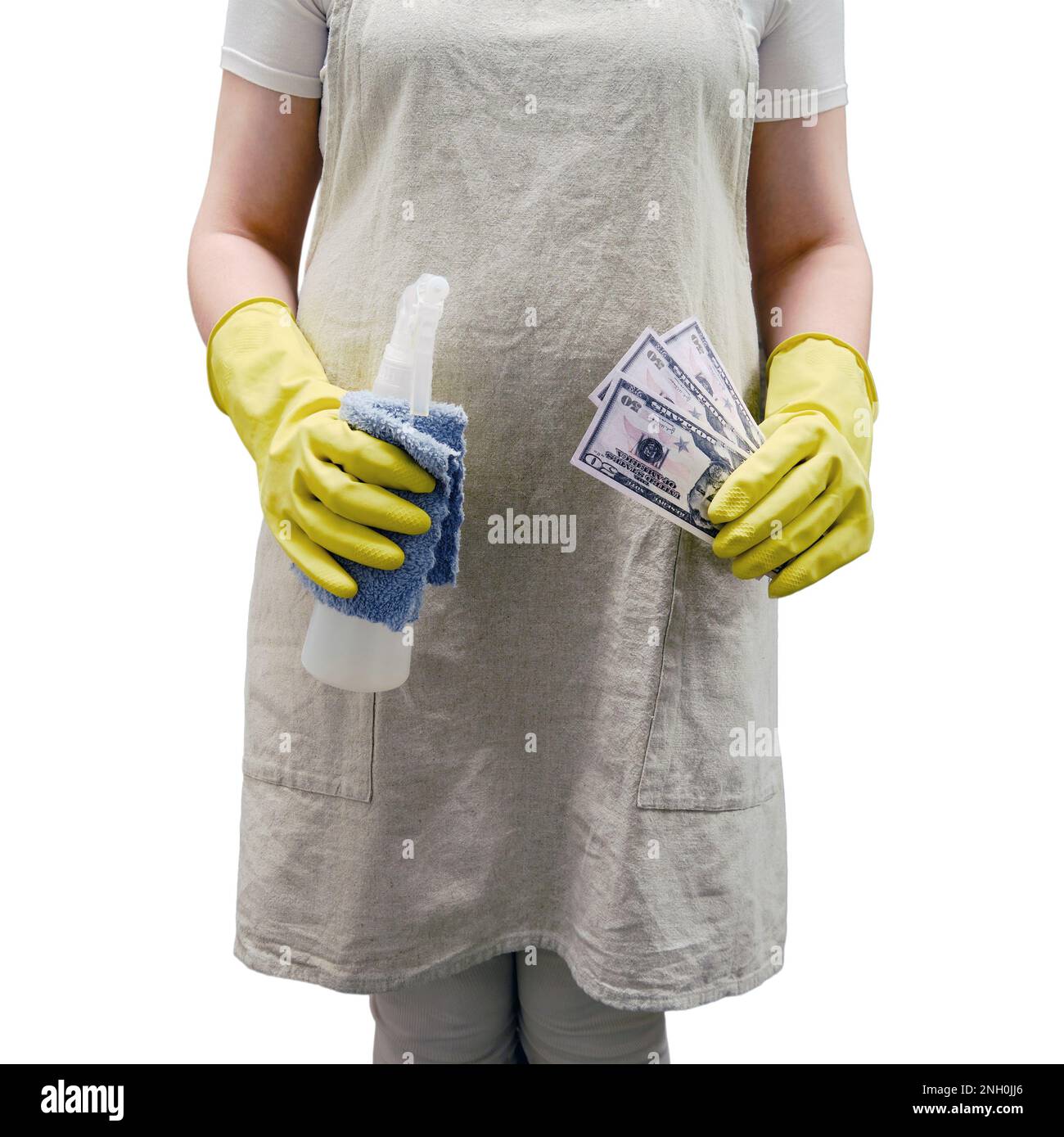 A woman is holding money in dollars in her hands while cleaning the ...