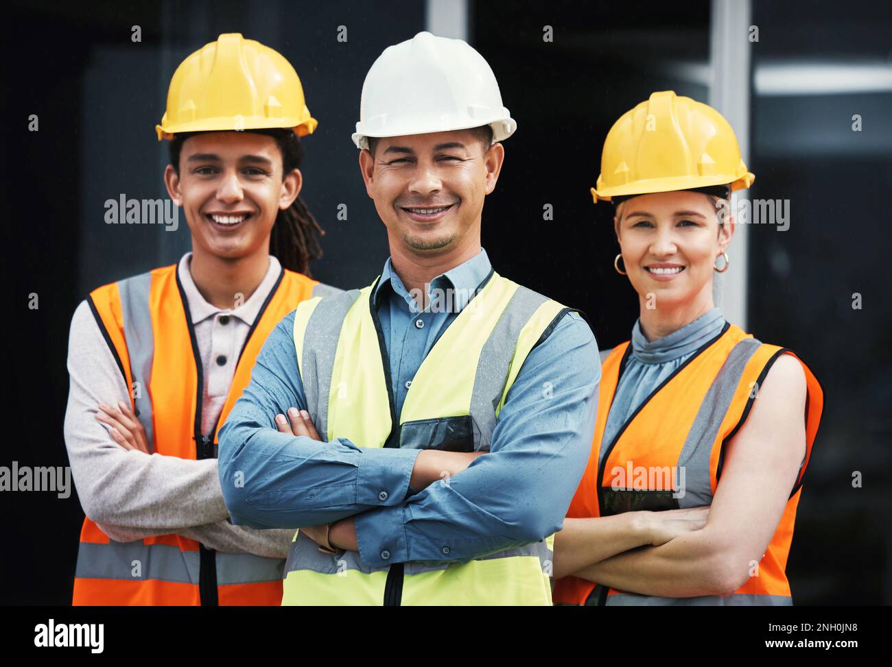 Engineering group portrait, smile and city for architecture ...