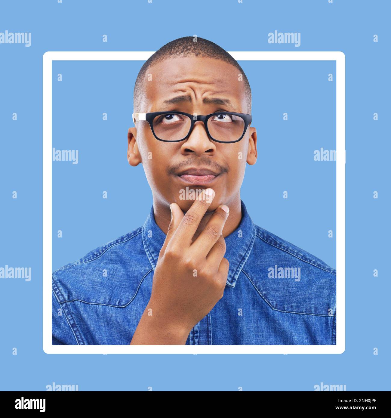 Confused, thinking and black man in studio with frame, mockup and blue ...
