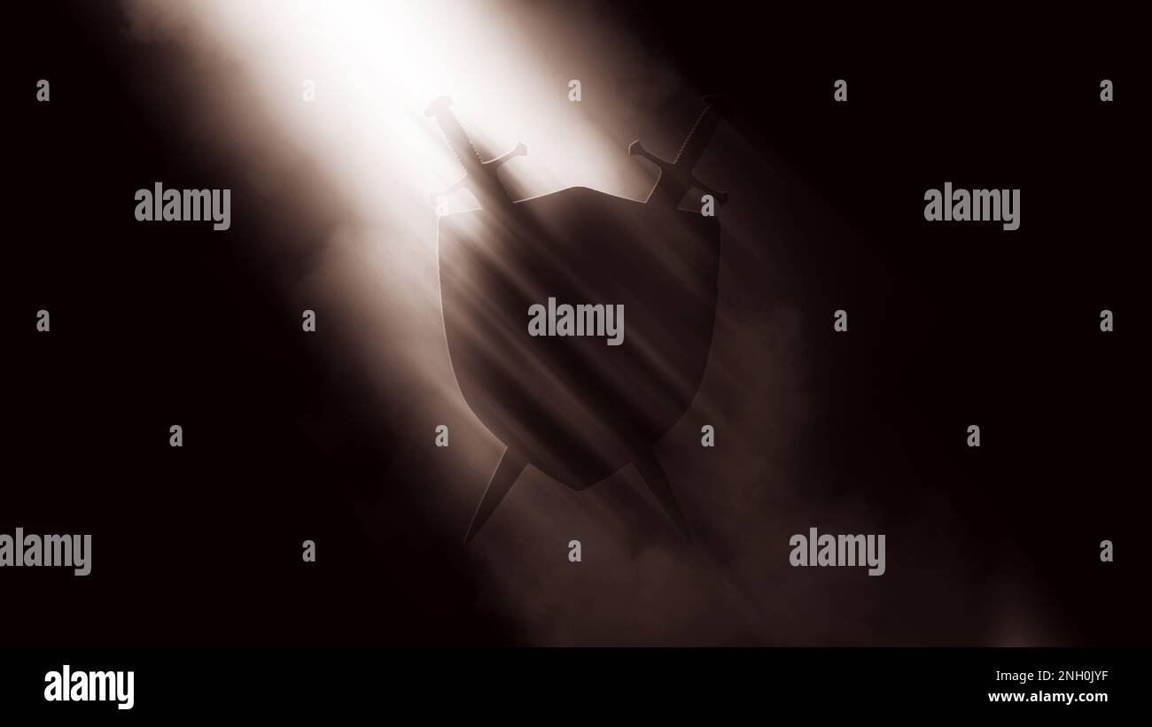 Abstract illustration of shield and sword, war victory concept on dark ...