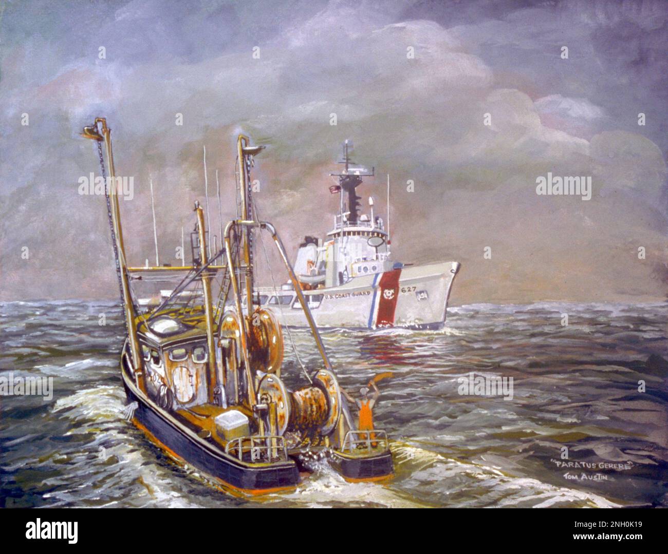 Coast Guard cutter approaches a mariner at sea. US Coast Guard Art ...