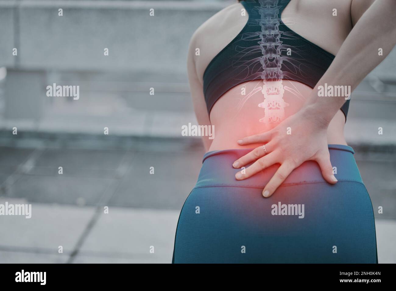 Back pain, red and spine skeleton of woman exercise, workout and ...