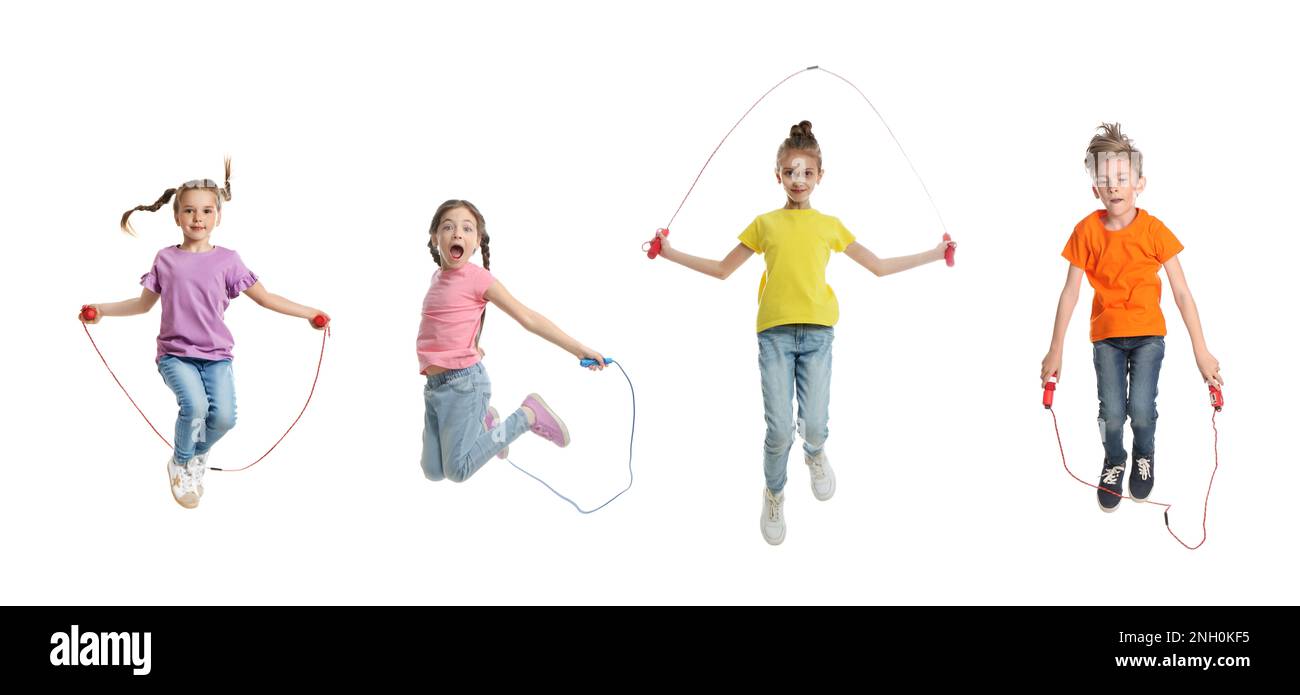 Cute happy children with jumping ropes on white background, collage ...