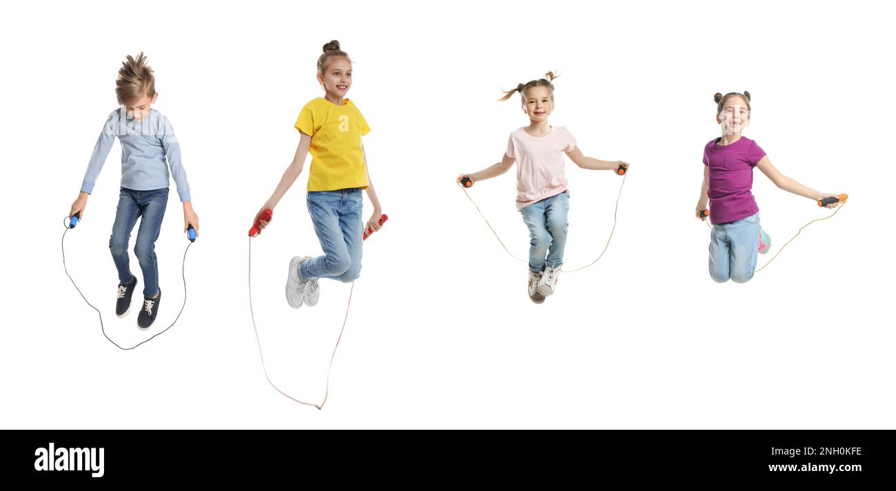 Cute happy children with jumping ropes on white background, collage ...