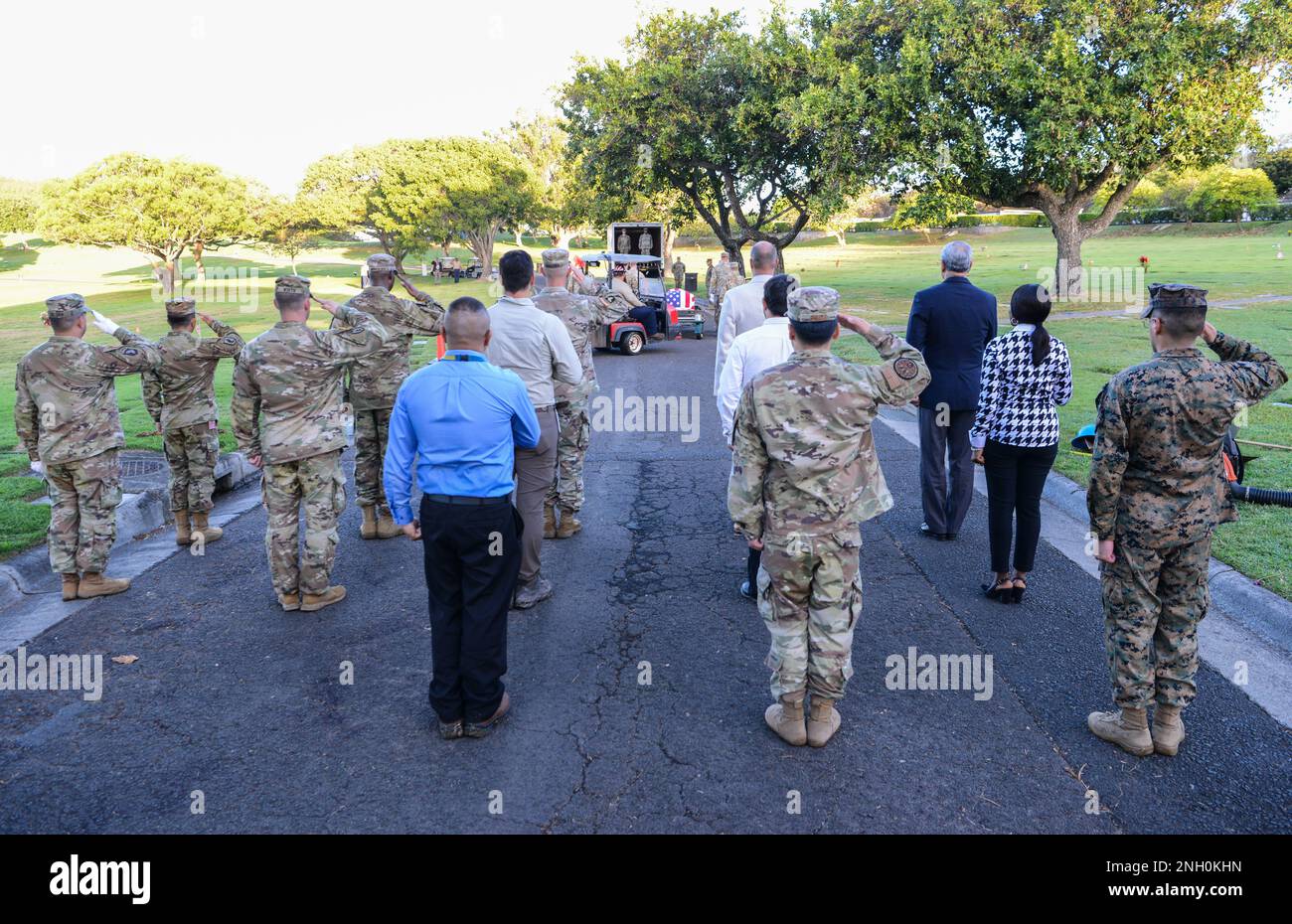 Defense POW/MIA Accounting Agency (DPAA) members salute a casket during ...
