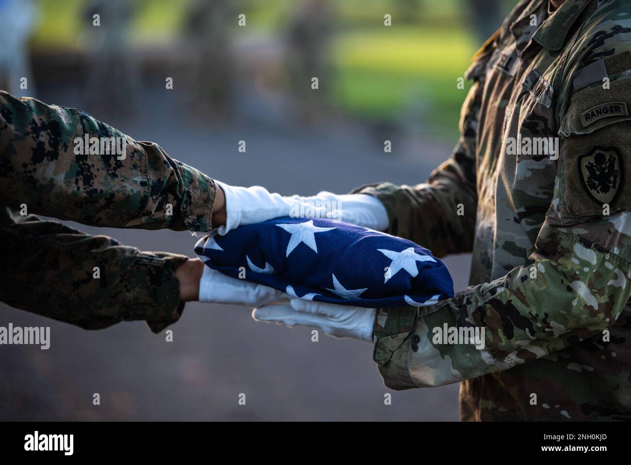 Defense POW/MIA Accounting Agency (DPAA) members handoff the U.S. flag ...