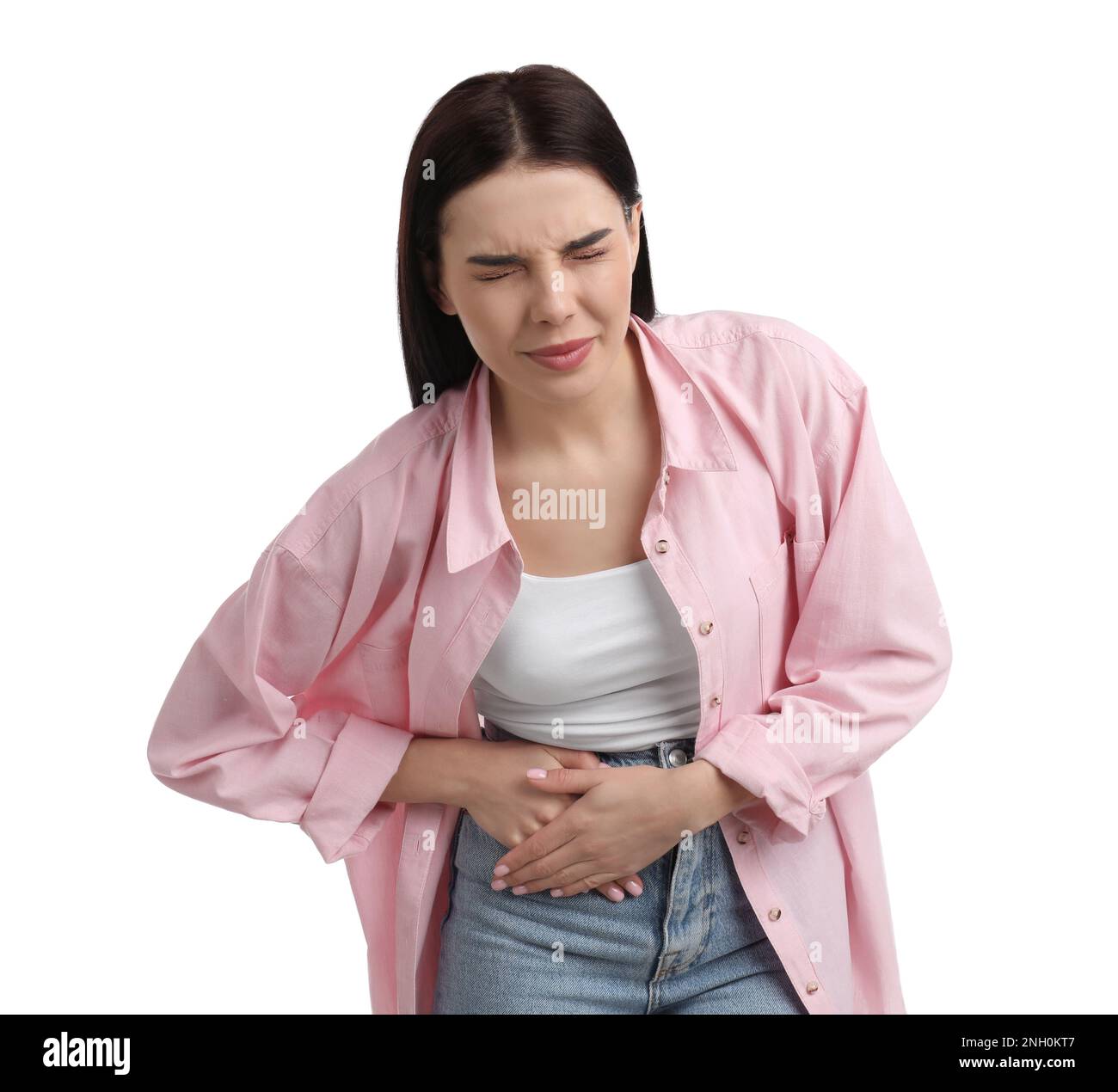 Woman suffering from appendicitis inflammation on white background ...