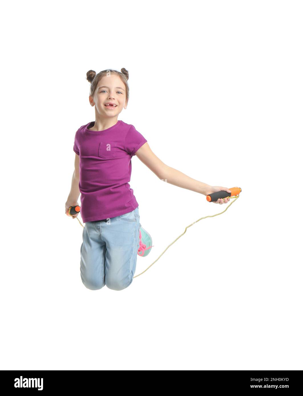 Cute little girl with jump rope on white background Stock Photo - Alamy