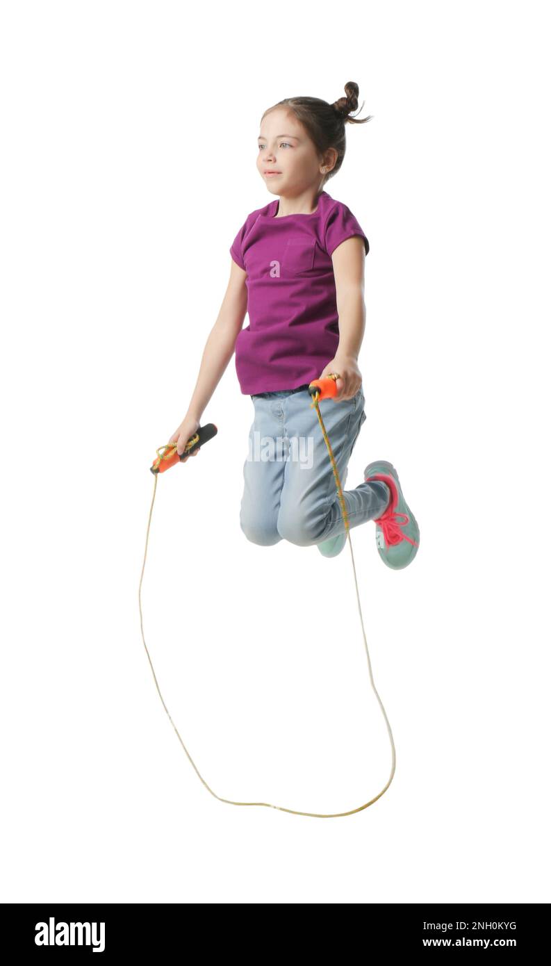Cute little girl with jump rope on white background Stock Photo - Alamy