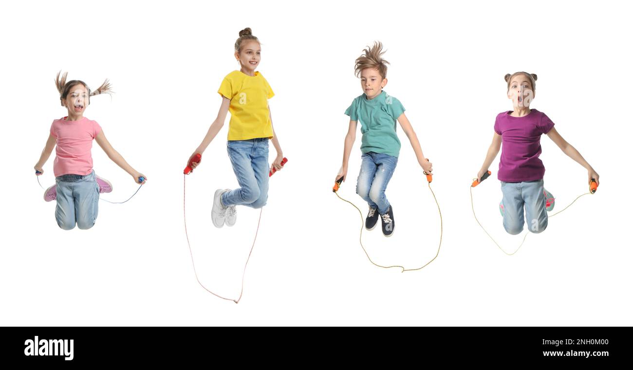 Cute happy children with jumping ropes on white background, collage ...