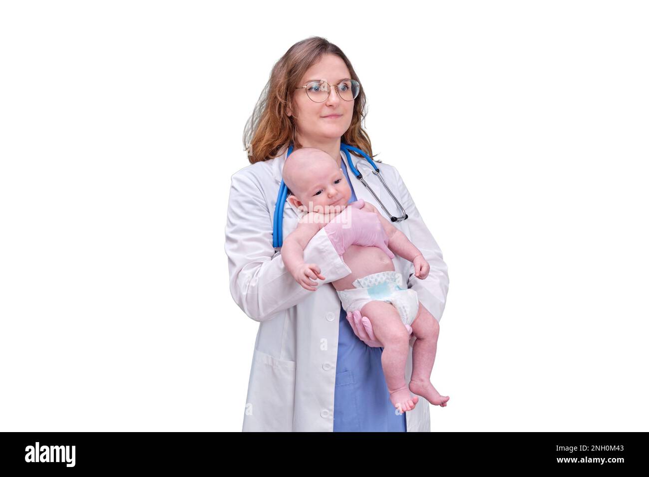 Pediatrician doctor holding newborn baby and smiling, isolated on a ...