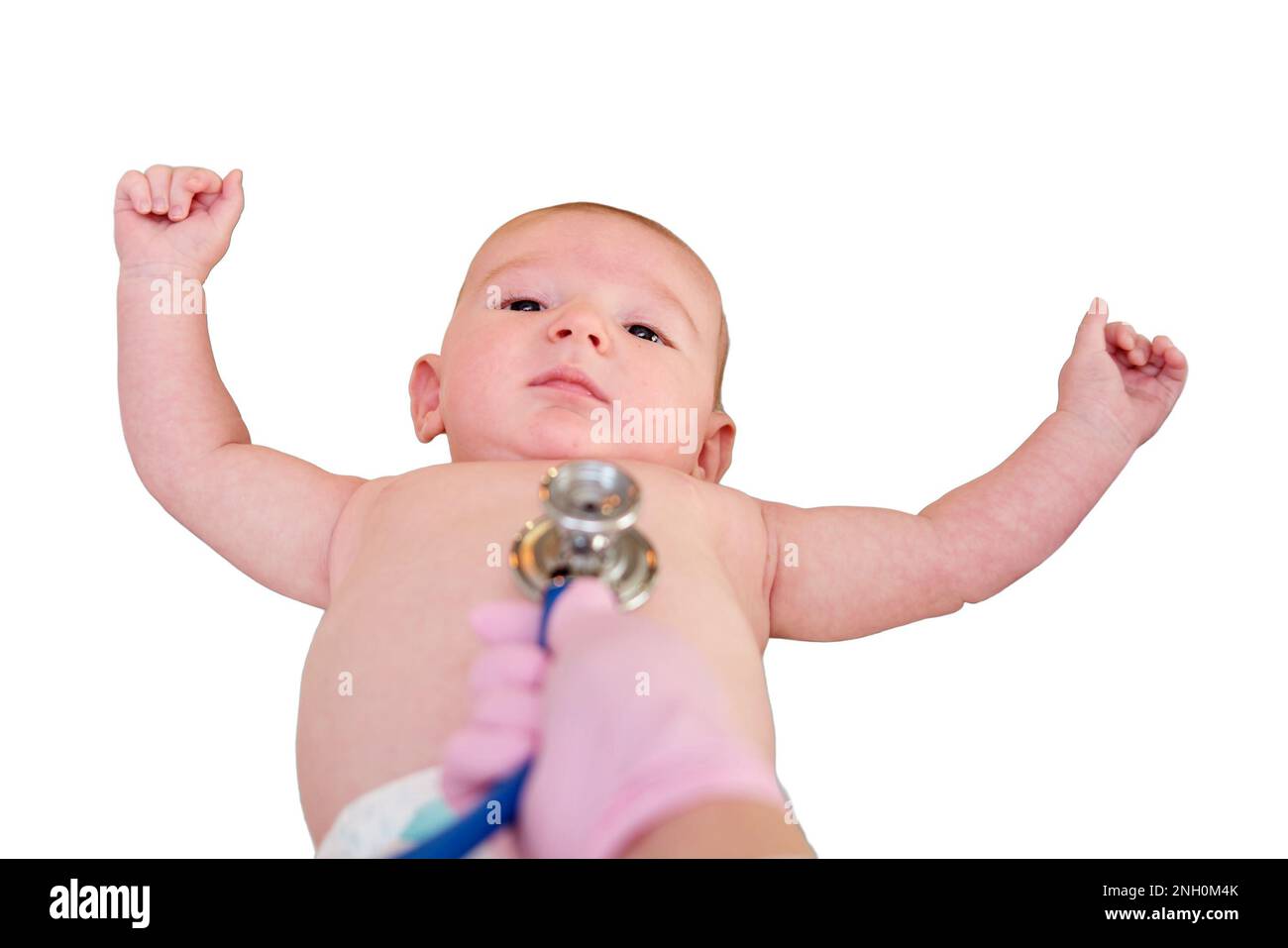 Woman doctor listens with a stethoscope to a newborn baby, isolated on ...