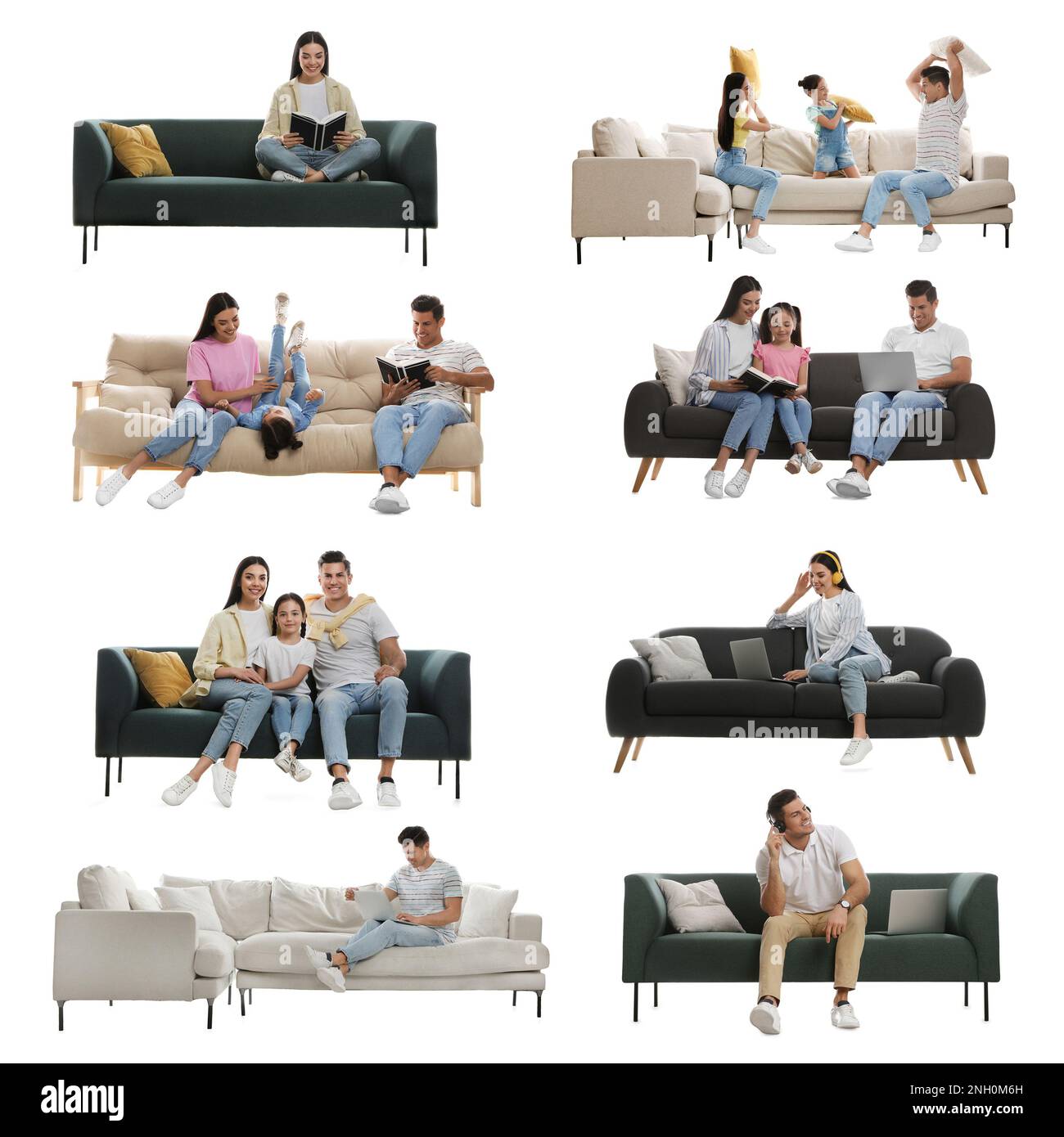 People resting on different stylish sofas against white background ...