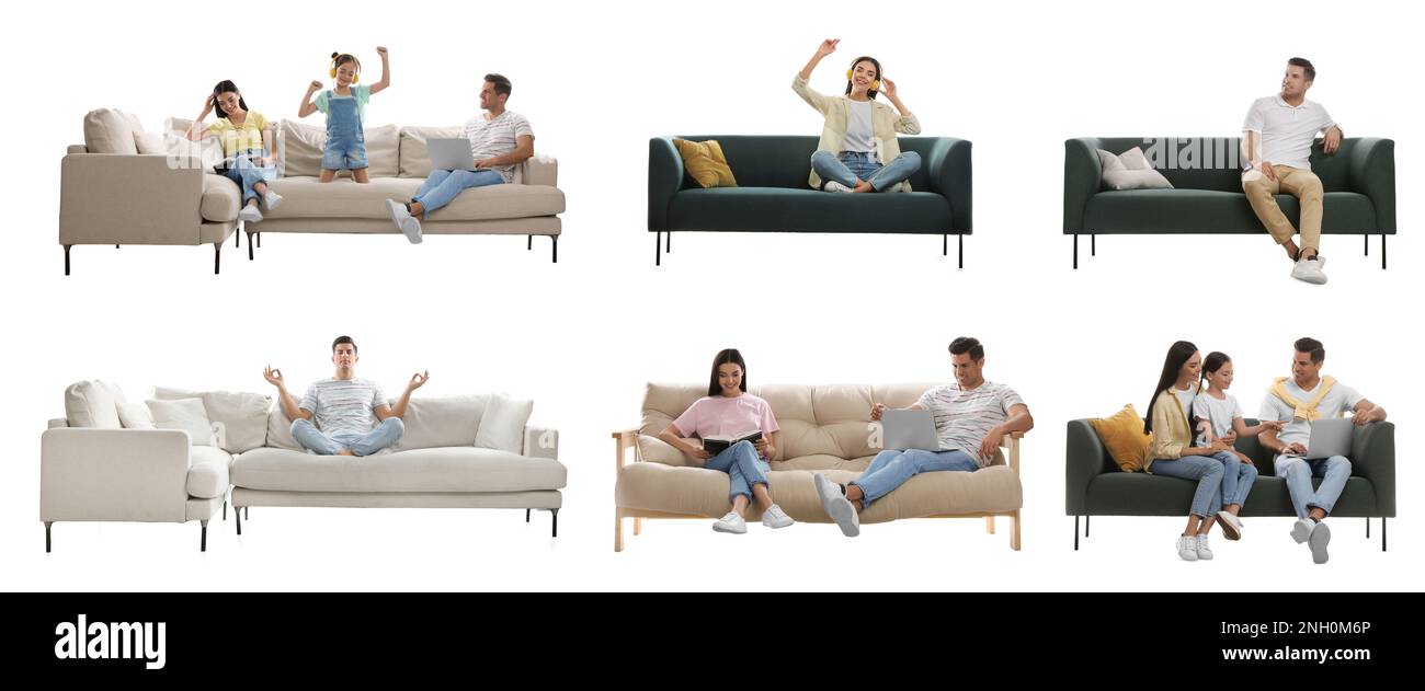 People resting on different stylish sofas against white background ...