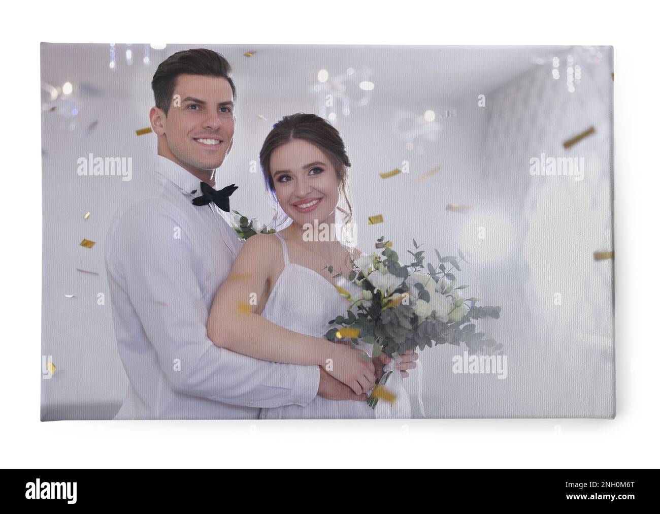 Photo printed on canvas, white background. Happy newlywed couple ...