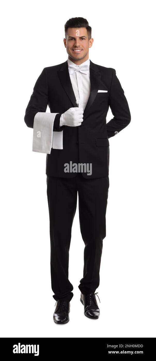 Handsome butler with towel on white background Stock Photo - Alamy