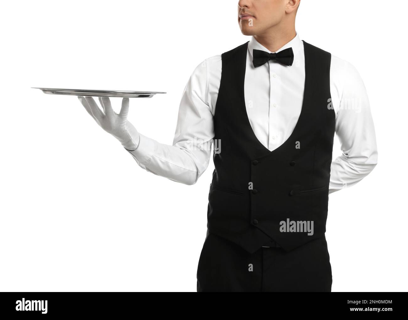 Elegant butler holding silver tray isolated on white, closeup Stock ...
