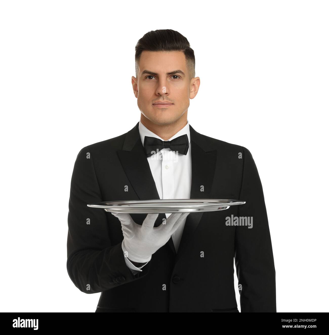 Elegant butler holding silver tray isolated on white Stock Photo - Alamy