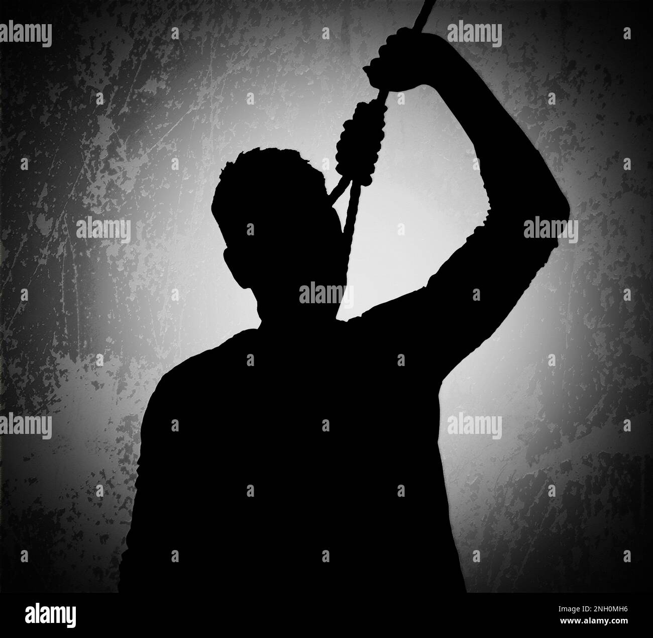 Silhouette of depressed man with rope noose on neck. Suicide concept ...