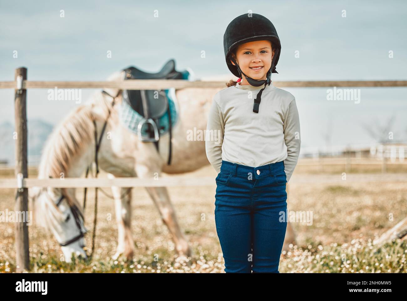 Happy, ranch and portrait of a girl with a horse on a farm before ...