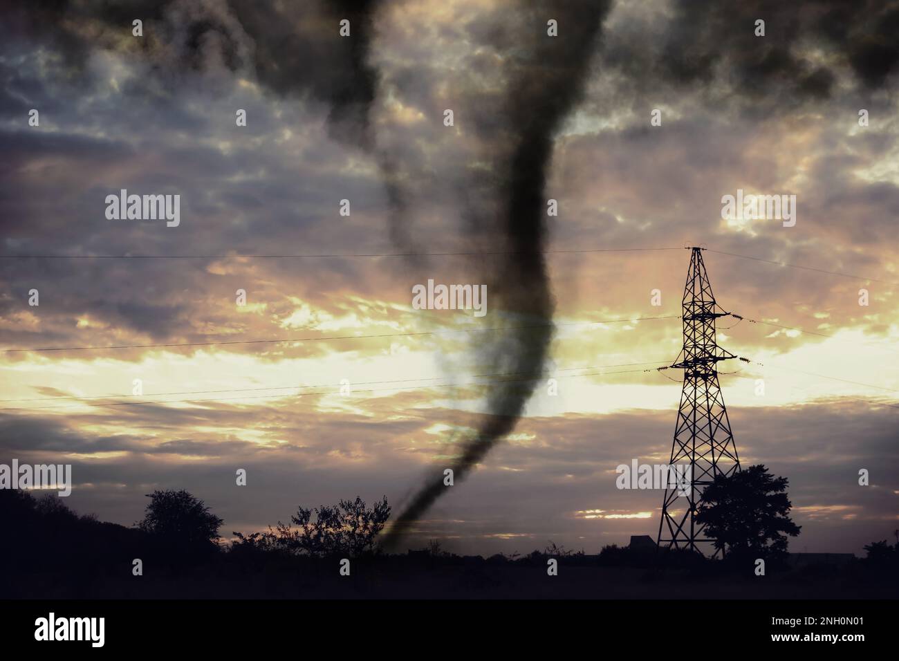 Dangerous whirlwind near transmission tower at field. Weather ...