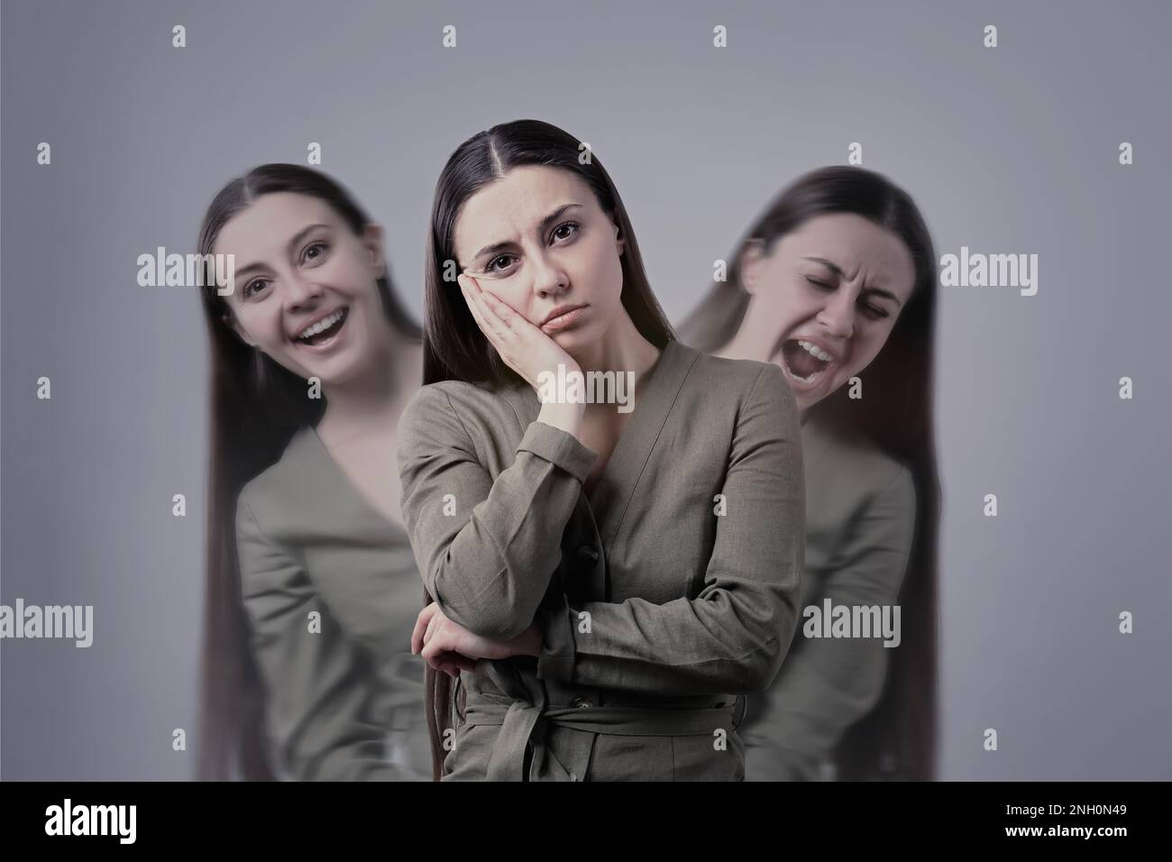 Woman with personality disorder on light background, multiple exposure ...