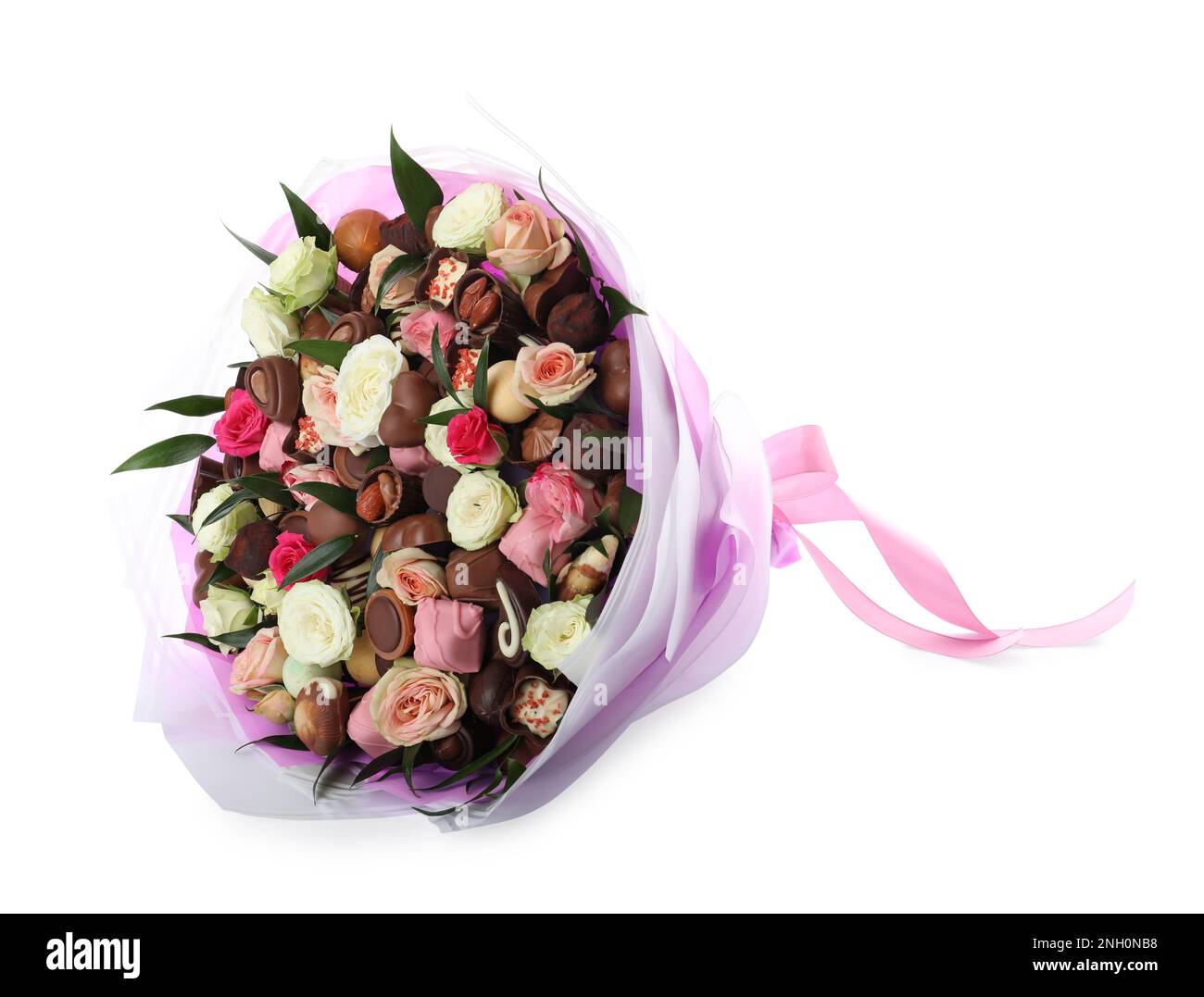 Beautiful bouquet of flowers and chocolate candies isolated on white ...