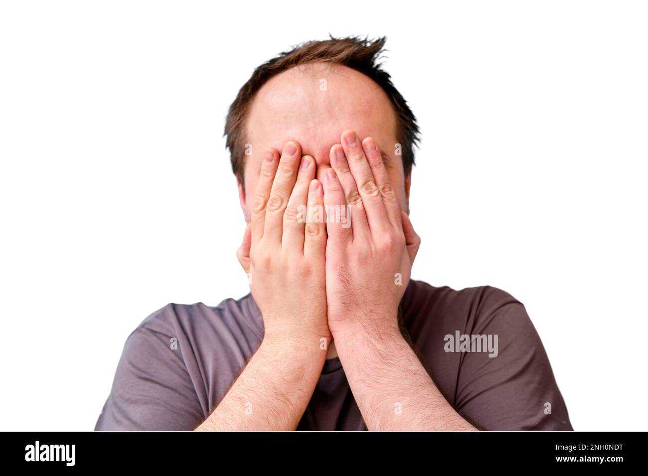 Portrait of a crying adult man with a disheveled appearance, isolated ...