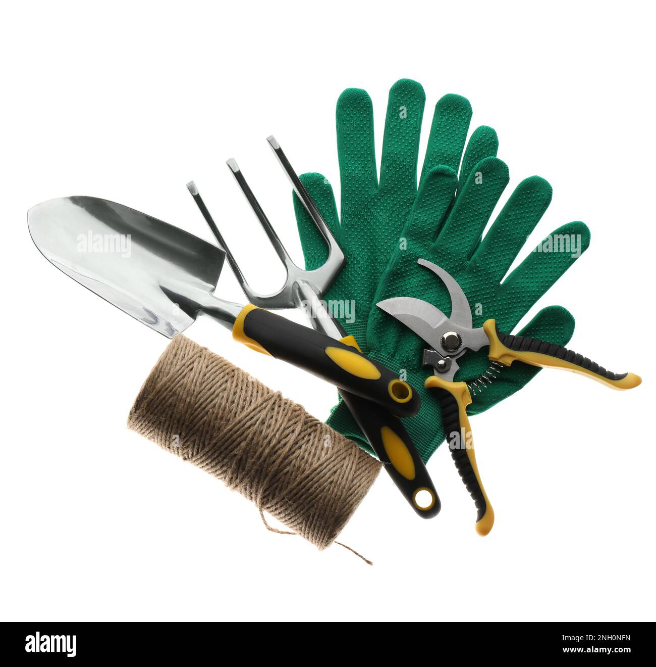 Different gardening tools on white background, top view Stock Photo - Alamy