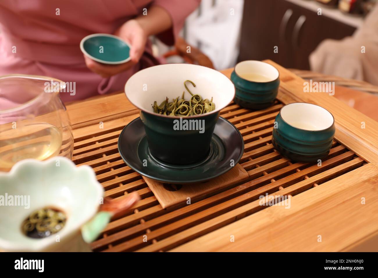 Traditional tea ceremony. Master near tools and tray, closeup Stock ...