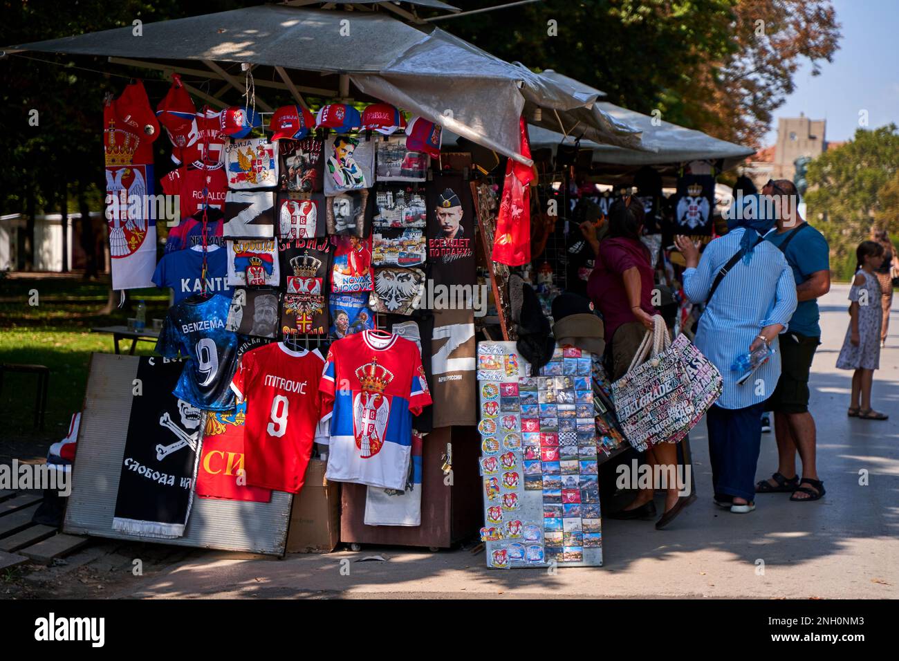 A street souvenir stall in Belgrade sells Russian symbols and Putin T ...