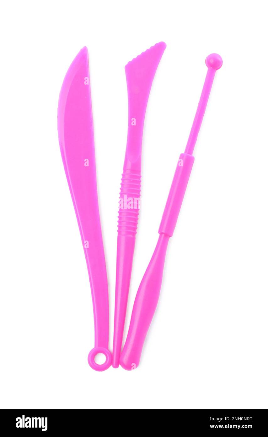 Different tools for plasticine on white background, top view Stock ...