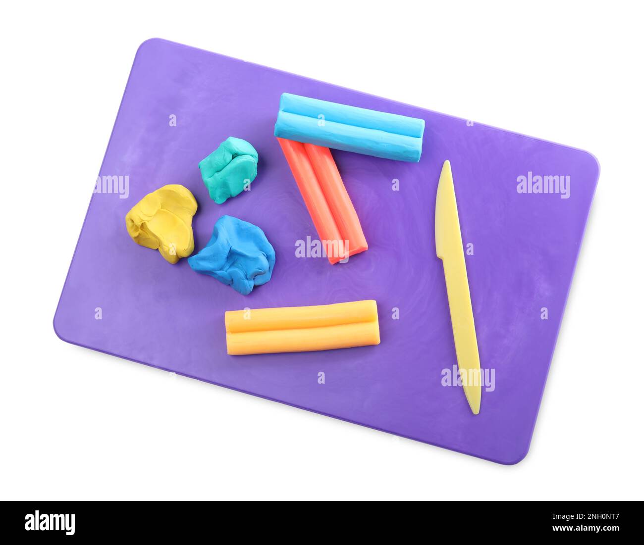 Board with plasticine and knife on white background, top view Stock ...